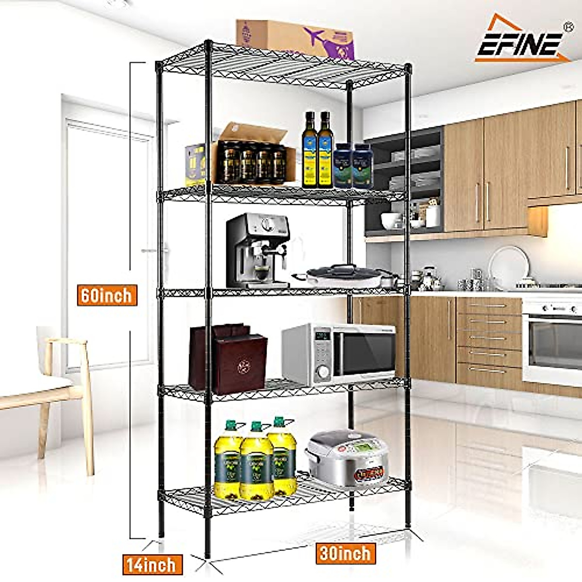 EFINE 5-Shelf Shelving Unit with Shelf Liners Set of 5, Adjustable, Steel Wire Shelves, 150lbs Loading Capacity Per Shelf, Shelving Units and Storage for Kitchen and Garage (30W x 14D x 60H) Black
