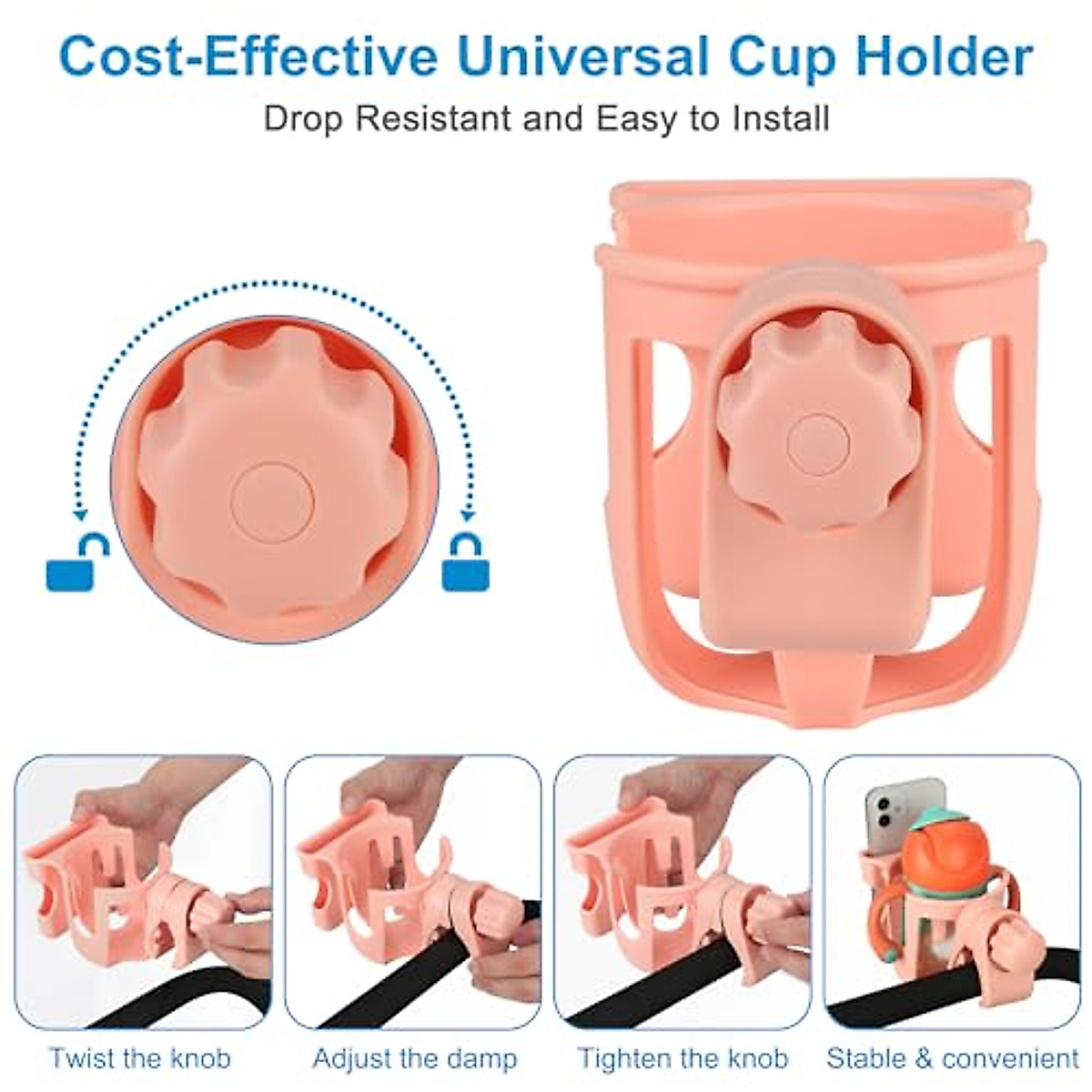 Accmor 2-in-1 Stroller Cup Holder, Universal Cup Holder for Uppababy Nuna Doona Strollers, 360° Rotatable Large Caliber Drinks Holder Cup Holder for Stroller, Bike, Wheelchair, Walker, Scooter