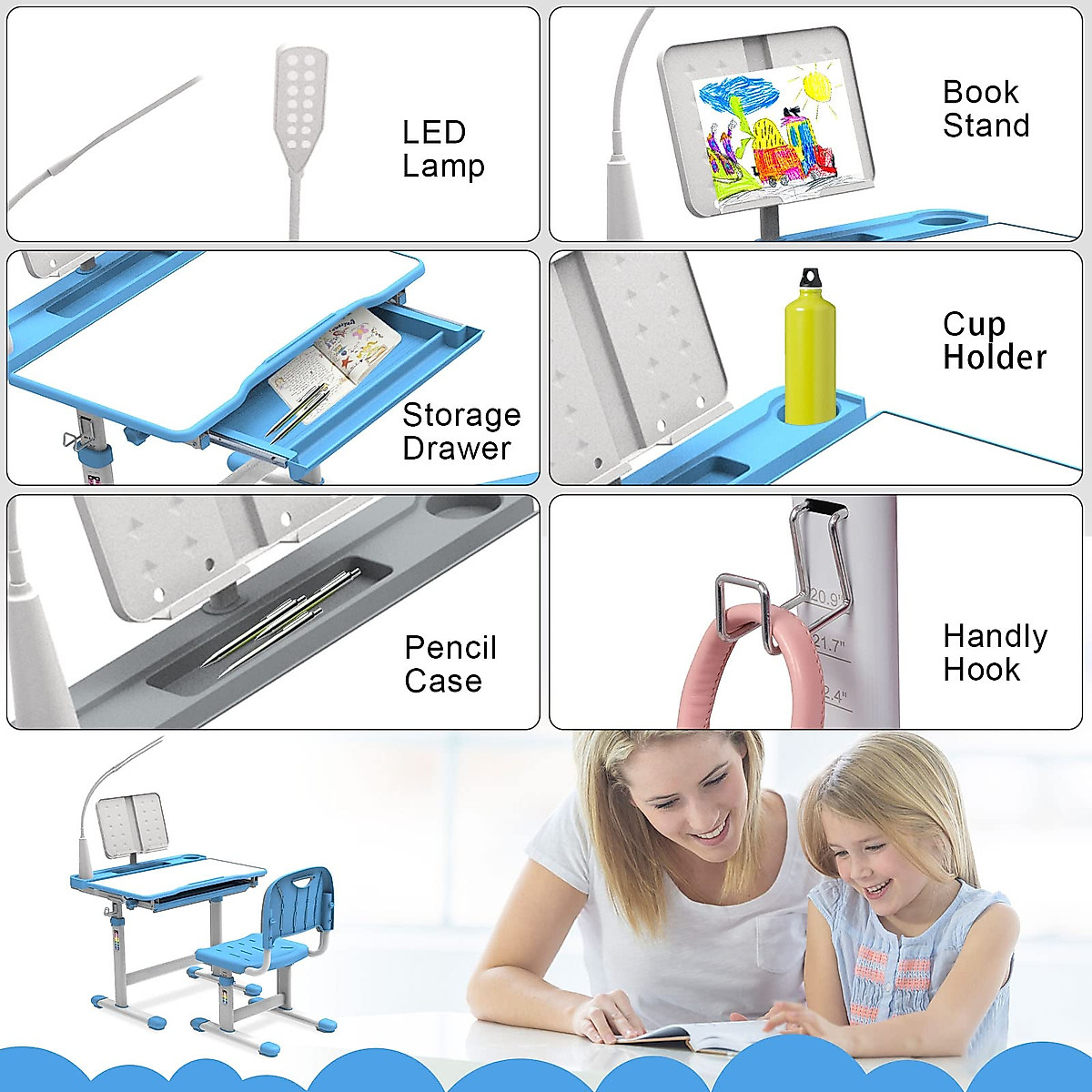 BELANITAS Kids Desk and Chair Set 10-12 Years Old Height Adjustable School Desk,Ergonomic Student Table for Kids with Tilt-able Desktop,Kids Study Desk for Go Back School Gift Blue