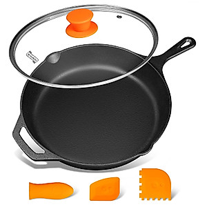 MICHELANGELO Cast Iron Skillet, 12 Inch Cast Iron Skillet With Lid, Preseasoned Large Skillet Oven Safe, Iron Skillets for Cooking with Silicone Handle & Scrapers - 12 Inch