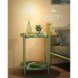 EKNITEY 2 Tier End Table - Metal Side Table Waterproof Small Sofa Coffee Side Tables Bedroom Indoor Outdoor with Removable Tray for Living Room Bedroom Balcony and Office (Atrovirens)