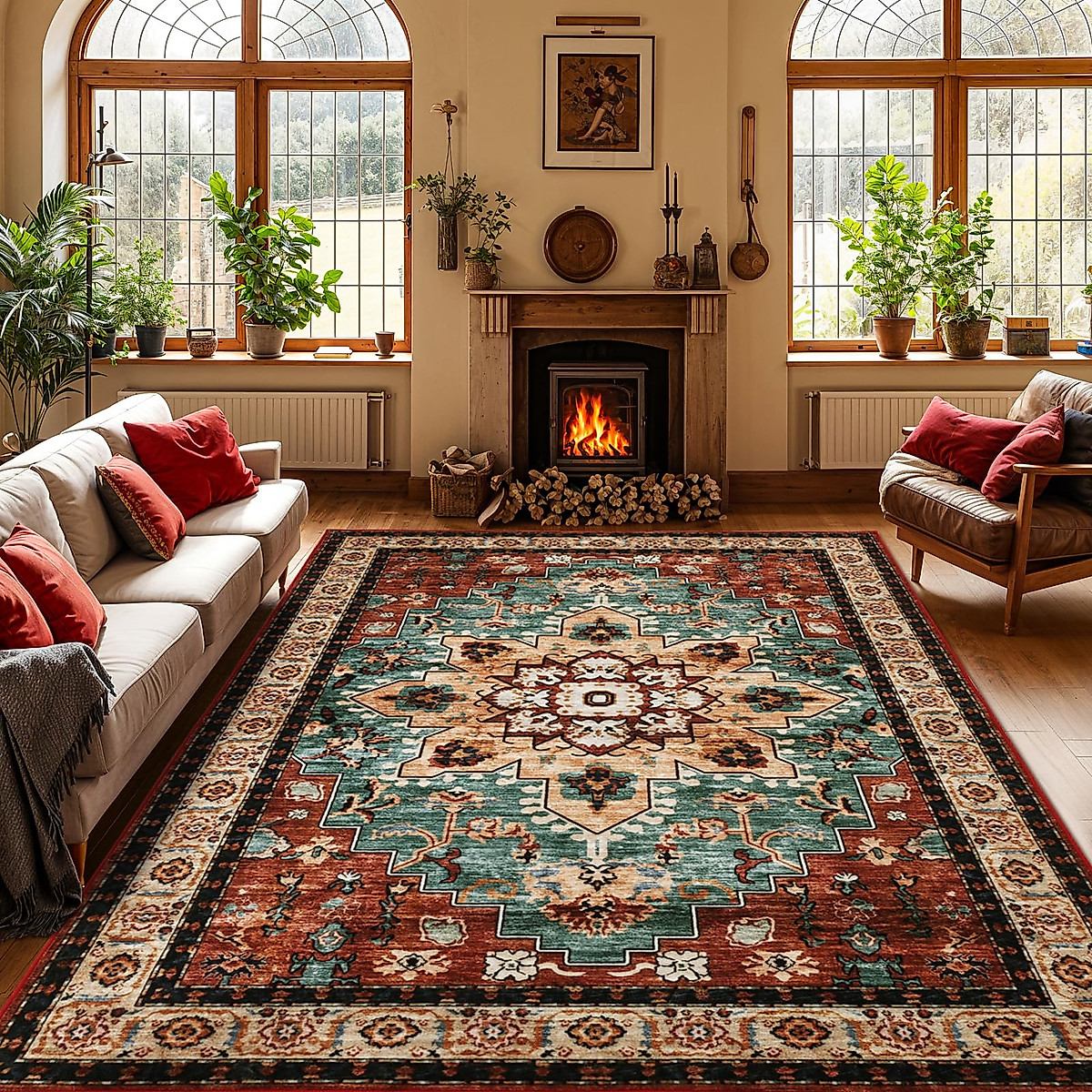 LBRO2M Boho Area Rug 5X7 Washable Rugs Low Piles, Non Slip Soft Boho Rugs for Living Room, Bedroom, Dining Room Rug Pet Friendly Area Rugs (Red, 5X7)