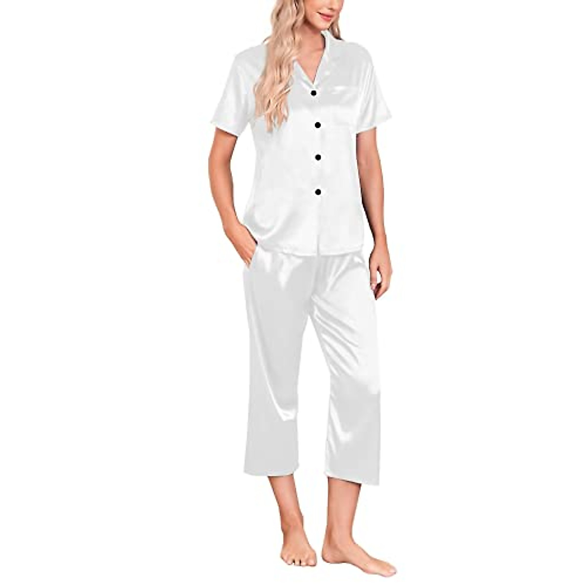 SWOMOG Women Satin Pajama Set Short Sleeve Sleepwear Capri Silk Pjs Set 2 Piece Loungewear Button Down Nightwear with Pockets