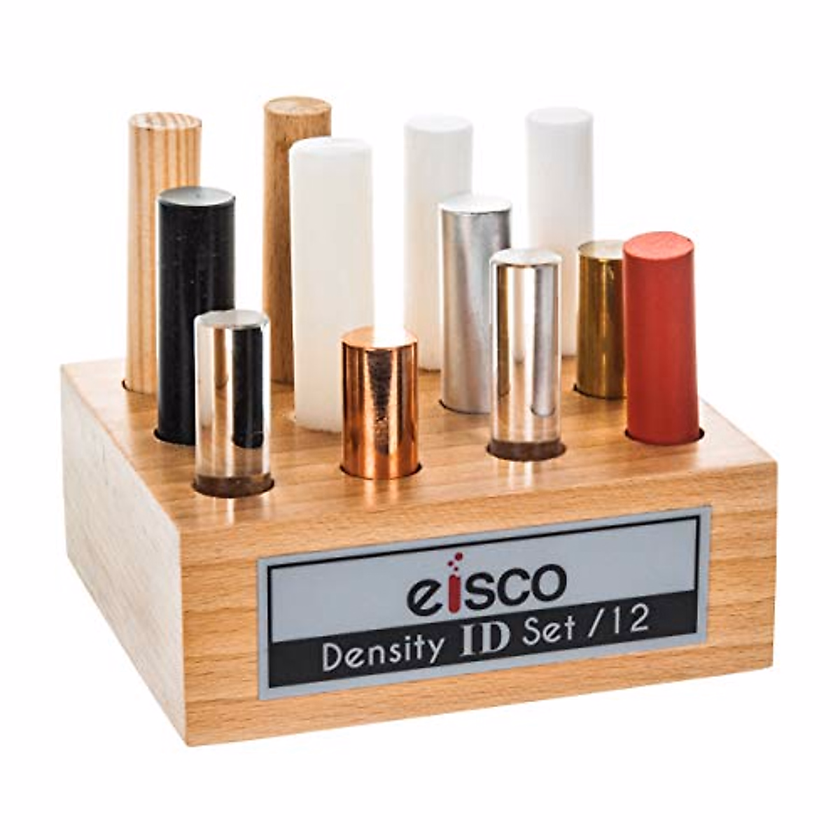 12pc Cylindrical Bars Density ID Set - Hardwood, Softwood, Aluminum, Copper, Brass, Rubber, Nylon, Derlin, PVC, Glass, Acrylic & Teflon - Includes Storage Block - Study Density & Mass - Eisco Labs