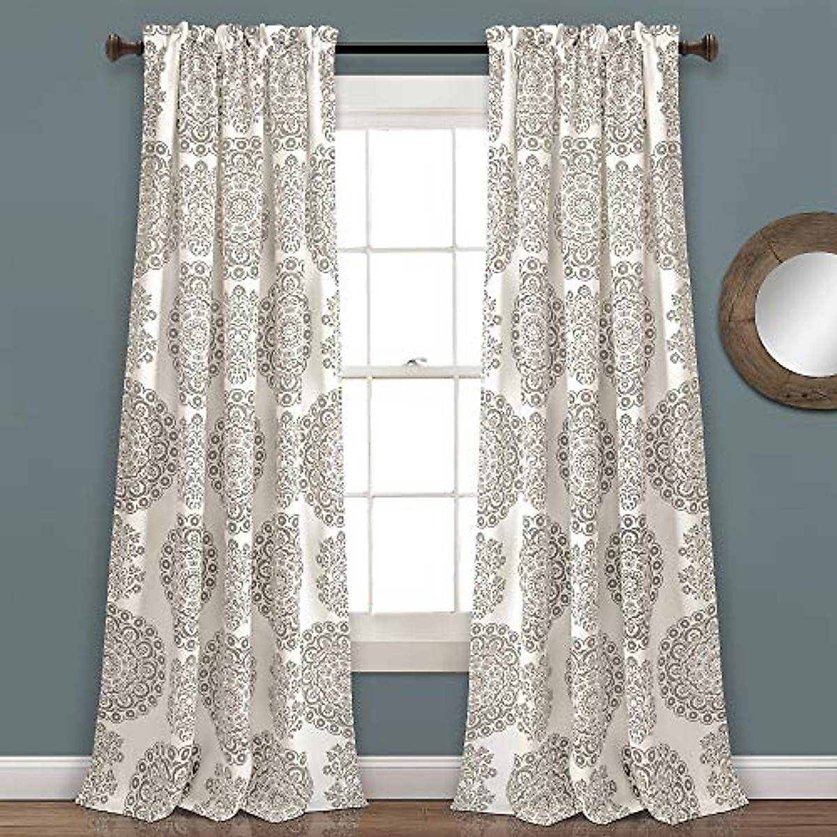 Lush Decor, Gray Evelyn Medallion Room Darkening Window Curtain Panel Pair, 84" x 52" + 2" Header, 84 in x 52