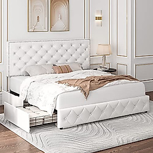Queen Bed Frame with Storage and Adjustable Headboard, Bed Frame with 4 Drawers and Wooden Slats Support, No Box Spring Needed (PU White, Queen (U.S. Standard))