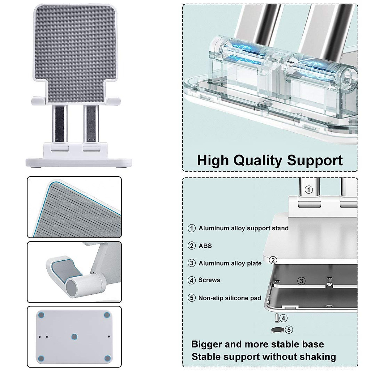 Rosa Schleife Tablet Stand Adjustable Height, Foldable Tablet Holder, Dual Tube Aluminum Solid Tablets Holder, Compatible with iPad, Kindle, Microsoft Surface, Tab, E-Reader, 4-15'' (White)