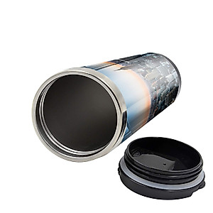 Ambesonne New York Travel Mug, NYC Manhattan Skyline Cityscape Contemporary Sunset Landscape Photo Print, Steel Thermal Cup, 16 oz, Grey Orange