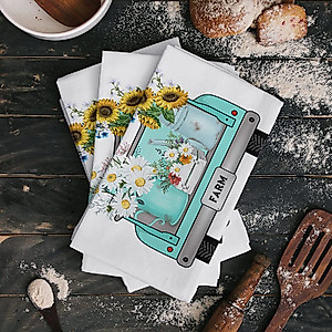 Zadaling Sunflower Farmhouse Daisy Blue Truck Kitchen Towels, 18x28 Inches Soft Dish Cloth,Cotton Tea Towels/Bar Towels/Hand Towels for Bathroom(2 Pack)