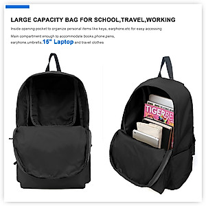 BeeGreen Simple Black Backpack School Backpack with YKK Zipper Water Bottle Pocket Gym Sports College Backpack with Inner Pocket & Hidden Zipper Pocket Lightweight Bookbag for Women Men Girls Boys