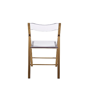 LeisureMod Transparent Acrylic Folding Chair, Lightweight Iron Chrome Base Comfortable Clear Desk Chair, No Assembly Needed (Set of 2) in Brushed Gold