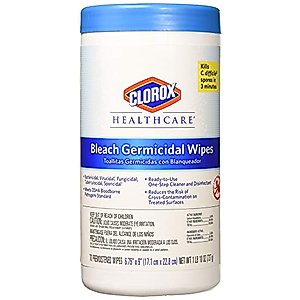Clorox Healthcare Bleach Germicidal Wipes, 6 3/4 x 9, Unscented, 70/Canister