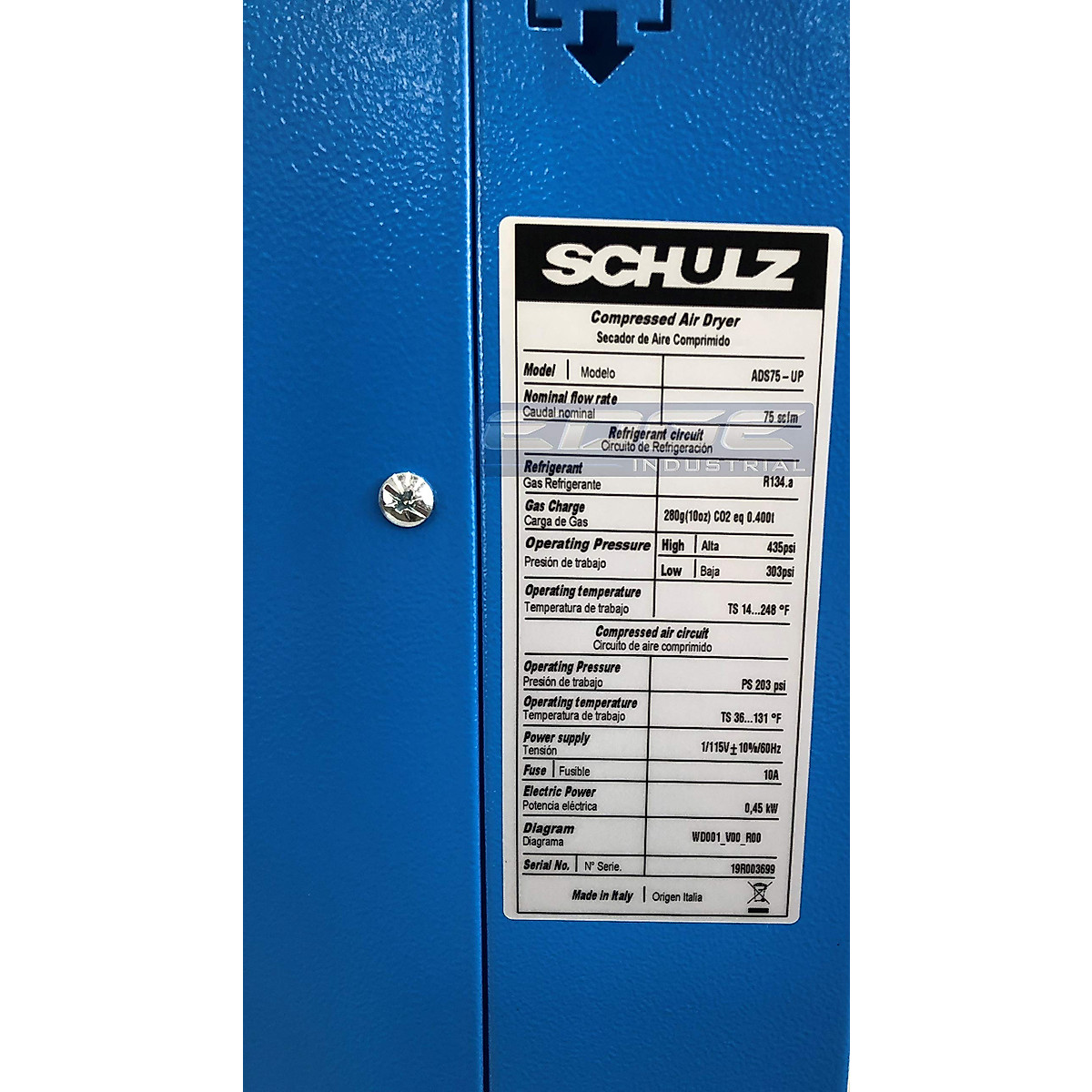 SCHULZ REFRIGERATED AIR DRYER FOR AIR COMPRESSOR, COMPRESSED AIR SYSTEMS, 75 CFM, GOOD FOR 15HP & 20HP COMPRESSORS (STAND ALONE DRYER)
