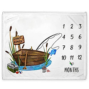Popfavors Fishing Baby Monthly Milestone Blanket, Gone Fishing Baby Boy Growth Chart Milestone Photo Blanket, Fishing Boat Newborn, Includes Marker (50x40)