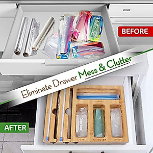 Furnity 6 in 1 Bamboo Ziplock Bag Organizer with Wrap Dispenser and Foil Dispenser, Baggie Organizer, 3 Layer Bamboo Plastic Bag Organizer, Fits Quart, Gallon, Snack, Sandwich Bags