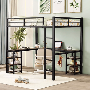Full Loft Bed with L-shaped Wooden Desk and Storage Shelves, Full Size Loft Bed Frame with Safety Guardrail and Built-in Ladder for Boys Girls Juniors, No Box Spring Needed, Black and Brown