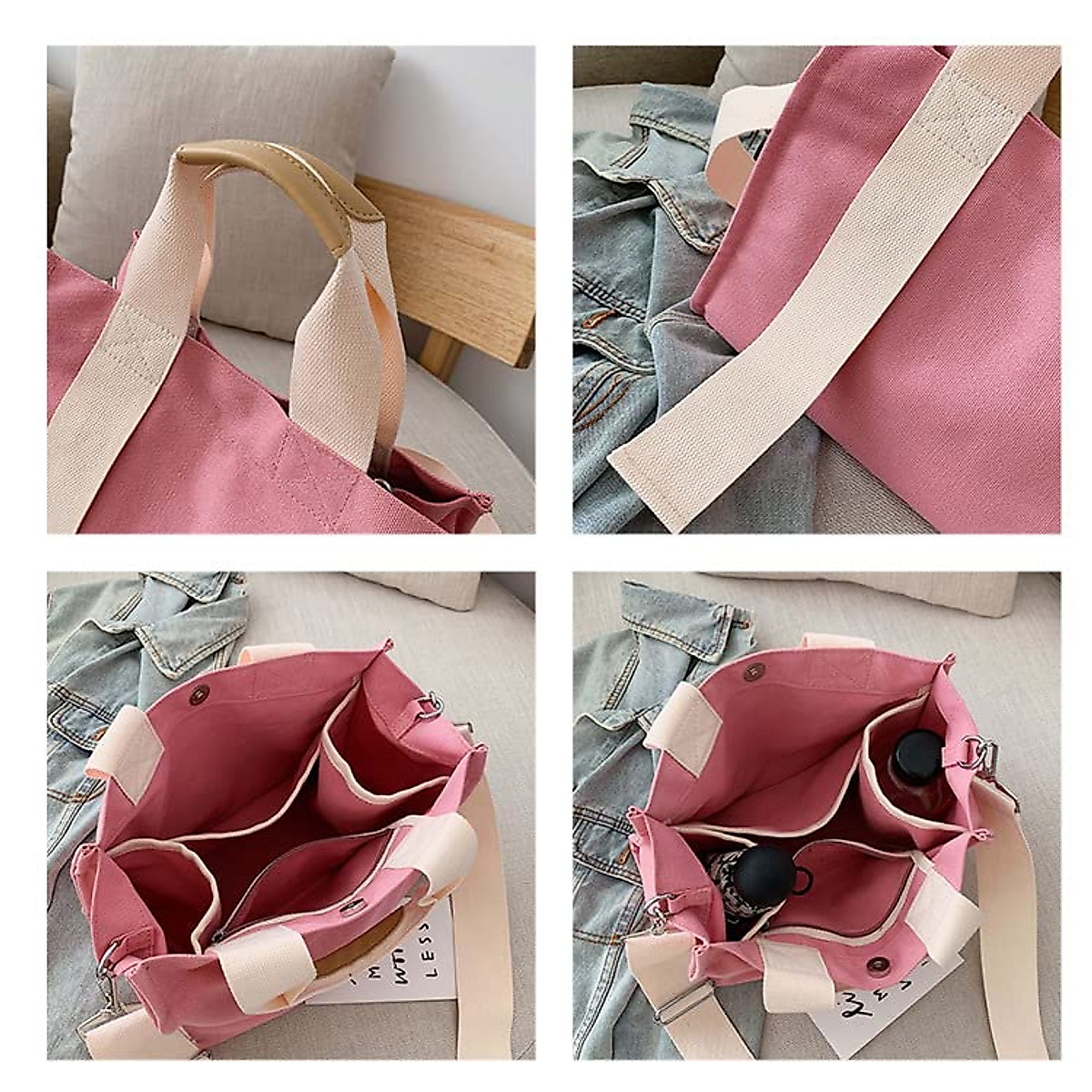 Women's Large Canvas Tote Bag Simple Shoulder Shopping Bag Solid Color Commuter Fashion Postman Tote Bag(Beige)