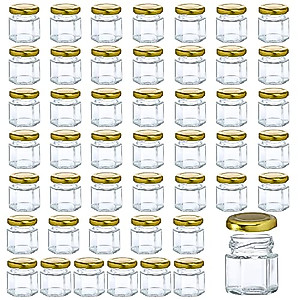 TinQee 48 Pack 1.5oz Hexagon Glass Jars with Golden Metal Lids, Mini Canning Jars for Honey, Jam, Jelly, Wedding Party Favors, Gifts and Crafts