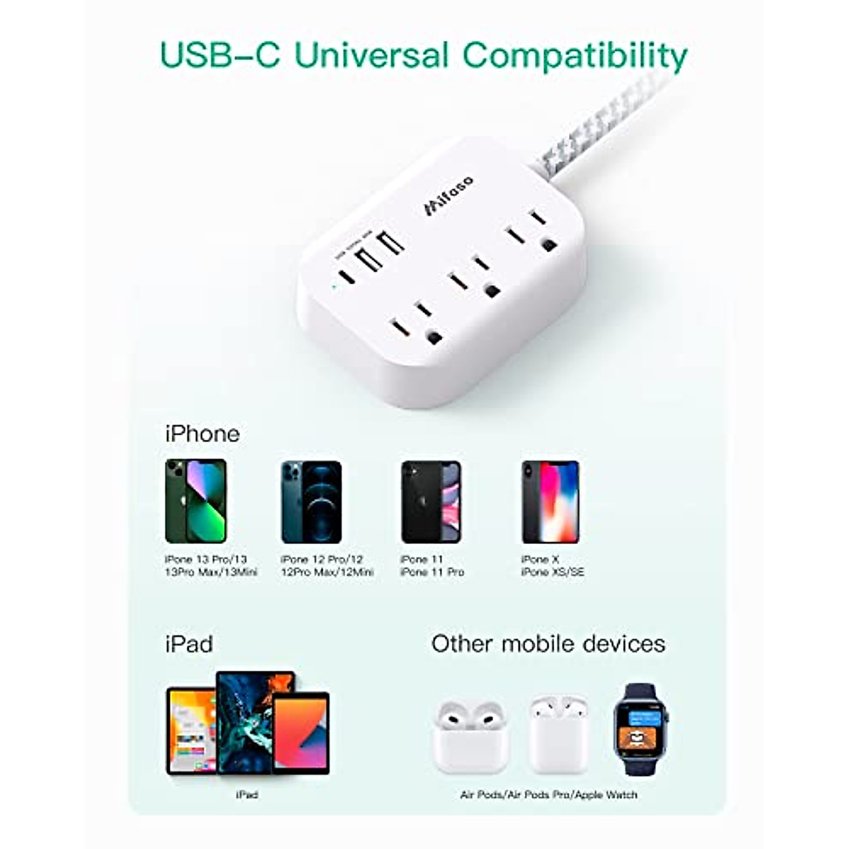 Cruise Essentials - Flat Plug Power Strip with 3 Outlets 3 USB Ports(1 USB C Poiwer Delivery 20W), 5ft Braided Extension Cord, Compact for Cruise Ship, Travel, Home and Dorm