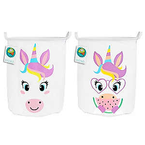 KAZULO Unicorn Hamper Set, Large Round Unicorn Laundry Baskets, kids Hampers laundry Girls, Girls Storage Box Unicorn, Child Laundry Set, Kids Basket (Watermelon Unicorn Bundle)