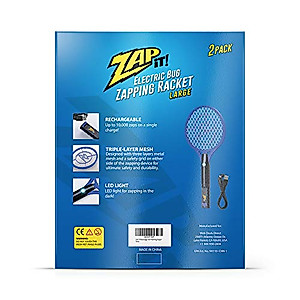 Zap It Bug Zapper Rechargeable Bug Zapper Racket, Electric Fly Swatter, Mosquito Zapper, 4,000 Volt, USB Charging Cable, 2 Pack (Large, Blue)