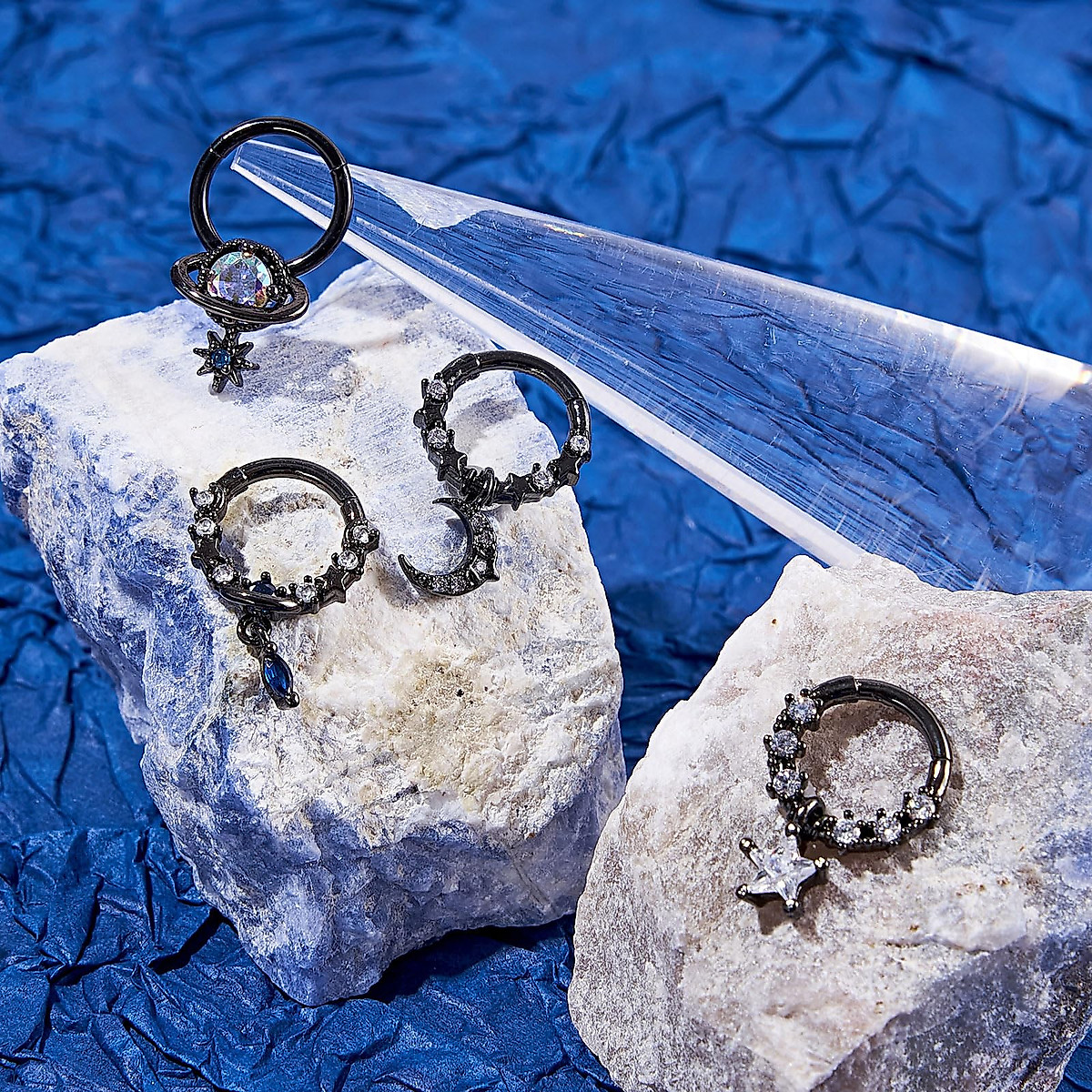 Qmcandy 4pcs Stainless Steel 16G Septum Clicker Dangle Hinged Segment Ring with Planet CZ Moon Star Septum Piercing Jewelry, Black 00g