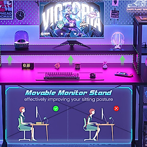 Besiost Gaming Desk with Lights & Power Outlets, 39.4' Computer Desk with Shelves, Small Desk for Small Space, Writing Desk with Monitor Stand, Black