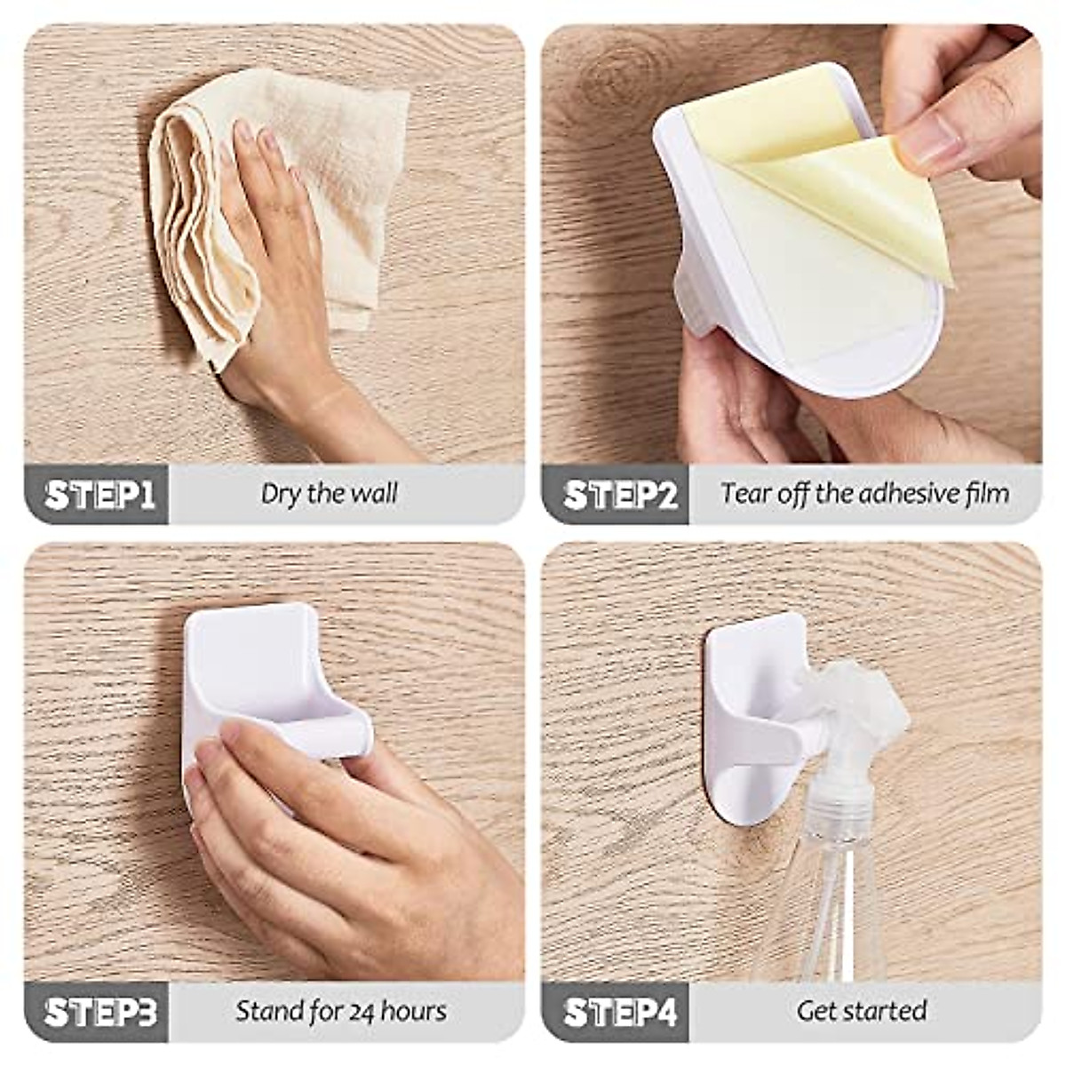 8 Pack Wall Mount Spray Bottle Hooks Holder Spray Bottle Hanger Adhesive Hook to Create Storage Space Spray Bottle Rack Organizer Hanger for Cabinet Kitchen Variety Surfaces Spray Bottle Wall Holder