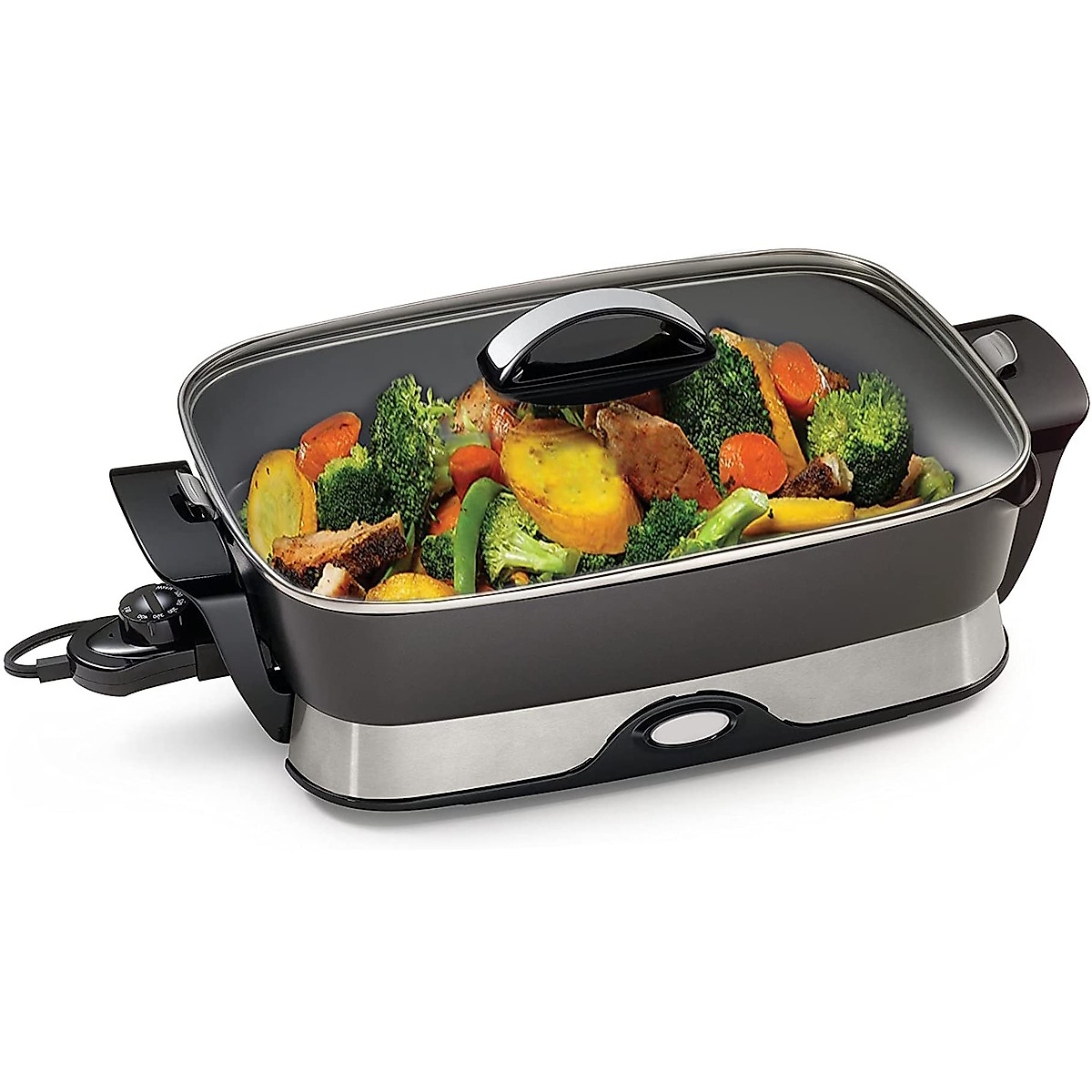 16-inch Electric Foldaway Nonstick Skillet - with Tempered glass cover & stay-cool handles allow skillet to double as a buffet server, black