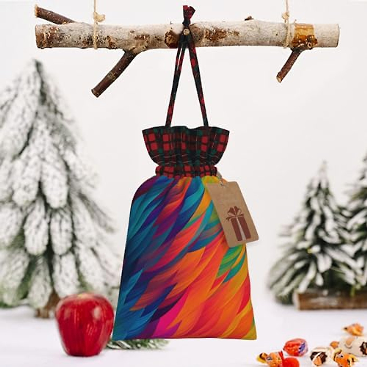 Christmas Gift Bags with Drawstring Burlap Gift Bags Abstract colors pattern Christmas Linen Bags for Xmas Party Candy Bags with Cards Xmas Reusable Wrapping Bags Christmas Linen Treat Bags for Holiday