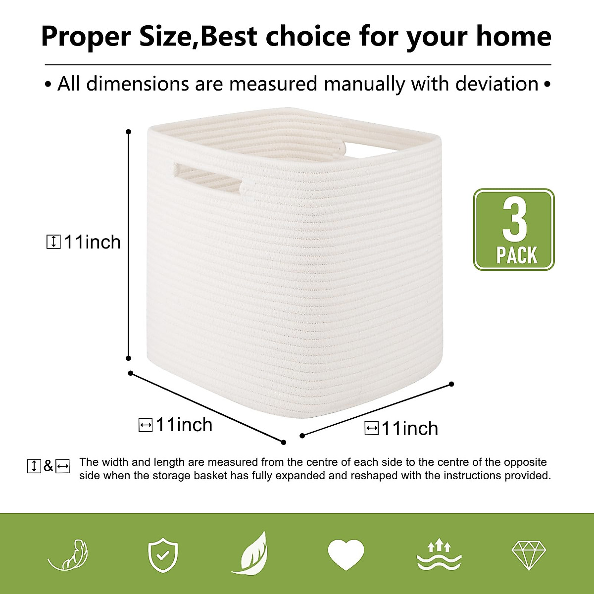 SIXDOVE Storage Cubes Cotton Rope Woven Baskets for Organizing, 3-Pack 11 * 11 Inches Shelf Storage Basket|Cube Storage Bin|Square Baskets, Living Room, Baby Room-White