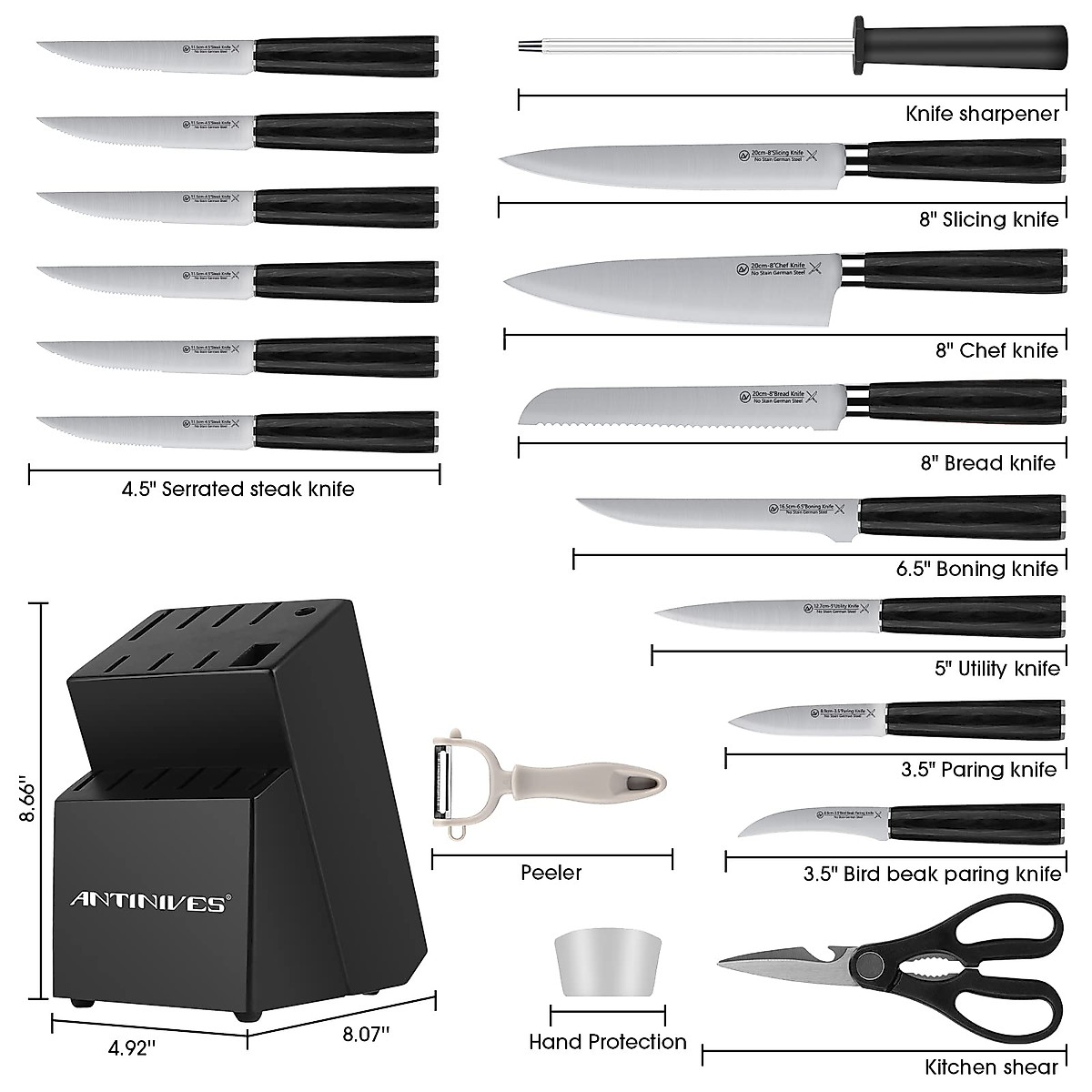 Knife Set, 18 Pcs Kitchen Knives Set with Block, Sharp German Stainless Steel Knife Block Set, Professional Chef Knives Set for Kitchen with Serrated Steak Knives Set, Sharpener & Finger Guard, Black