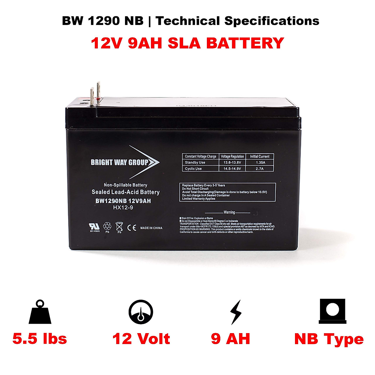 Bright Way Group 12V 9Ah Rechargeable SLA Battery Nut & Bolt Terminal | BW1290 NB Terminal | Generator Jump Starter Lawn & Garden