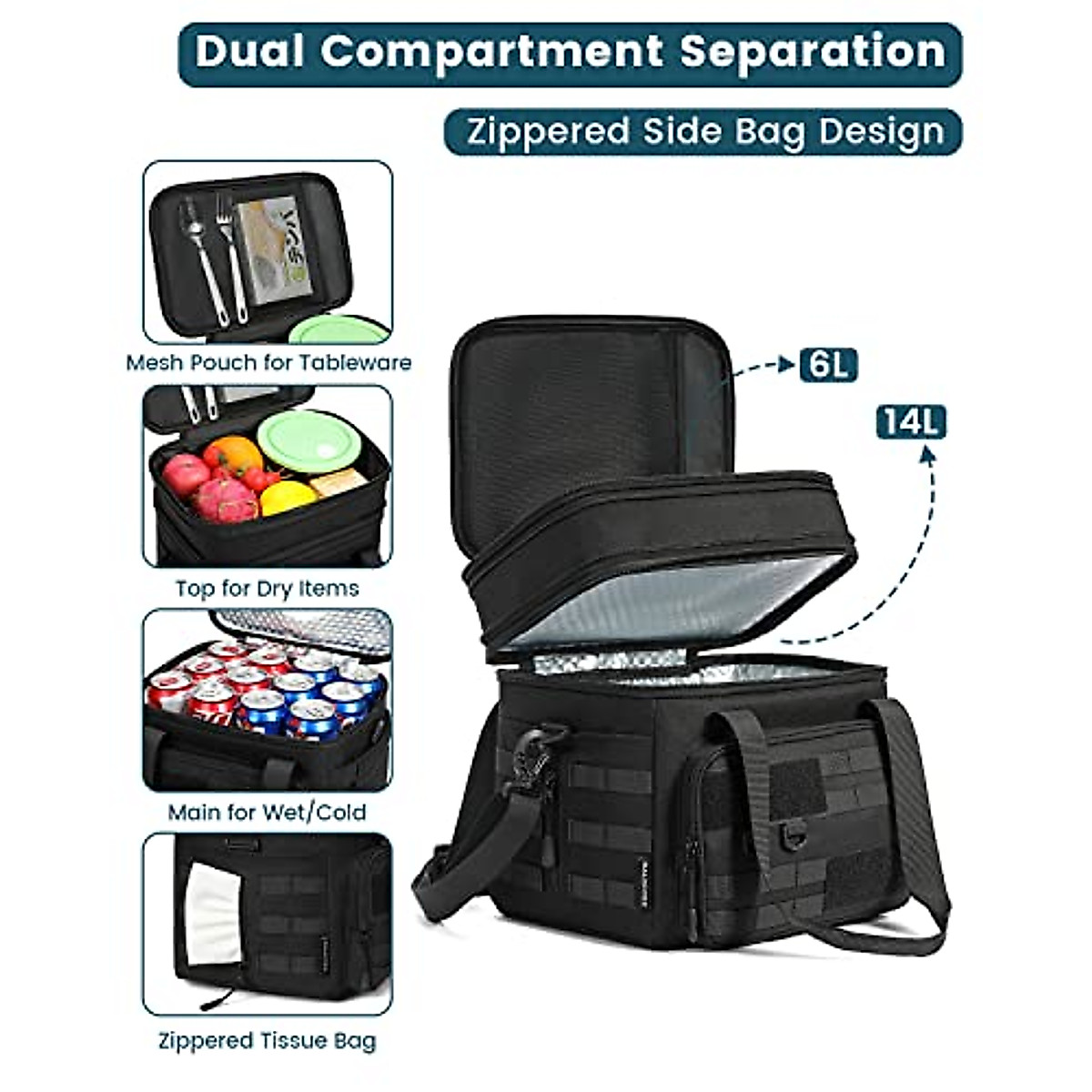 RalChyez Tactical Lunch Bag, 20L Large Heavy Duty Double Deck Insulated Lunch Box Leakproof Expandable Tote Cooler with Shoulder Strap for Adult Men Women Work Fishing Picnic Travel Black