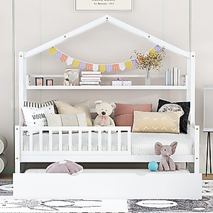 House Bed with Trundle and Storage Shelves Kids Twin Size Montessori Bed with Fence Rails Wood Playhouse Tent Bed Frame for Girls Boys, White