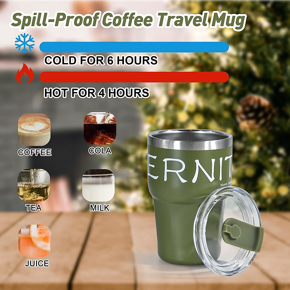 21 oz Travel Coffee Mug, Insulated Tumbler with Lid and Straw Double Wall Vacuum Insulated Tumbler Reusable Coffee Cups for Coffee, Tea and Drinks, Green