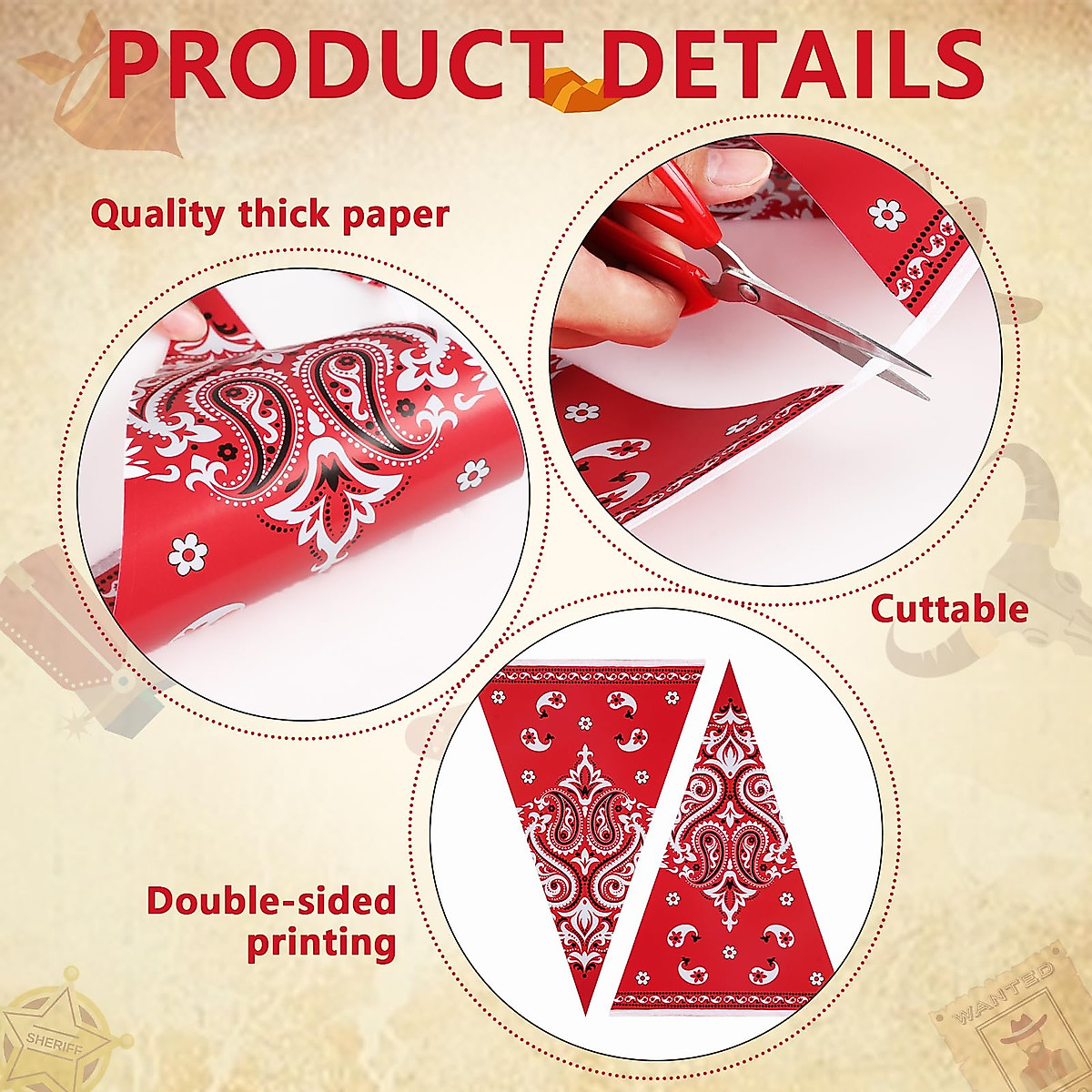 Waenerec Western Themed Party Decorations 6 Pack Red Bandana Pennant Banner Country Farm Cow Print Banner Flags Cowboy Baby Shower Decorations for Boy Rodeo Wild West Party Supplies