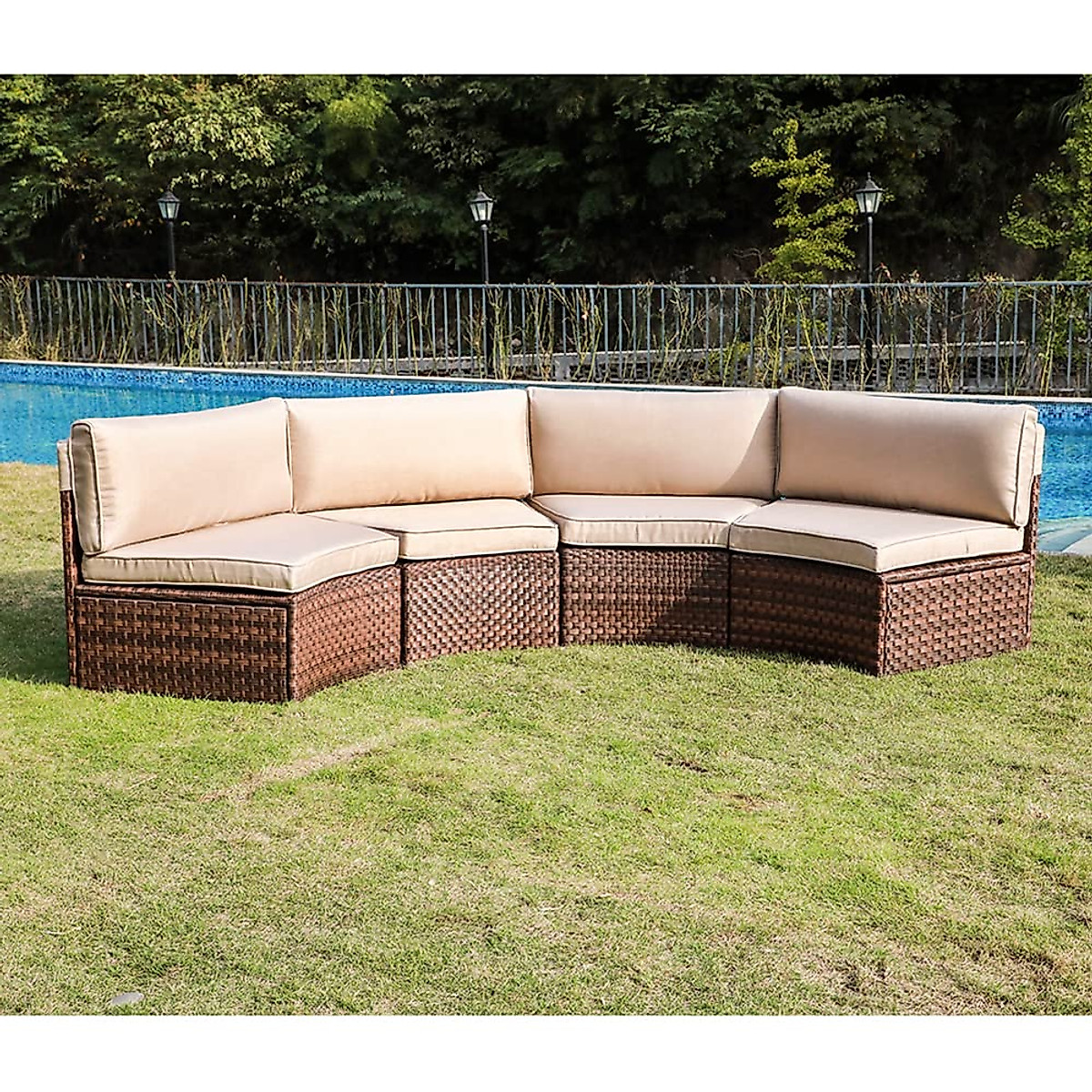 SUNSITT Outdoor 4-Piece Patio Sectional Set Half-Moon Patio Furniture Wicker Curved Outdoor Sofa with Beige Cushion