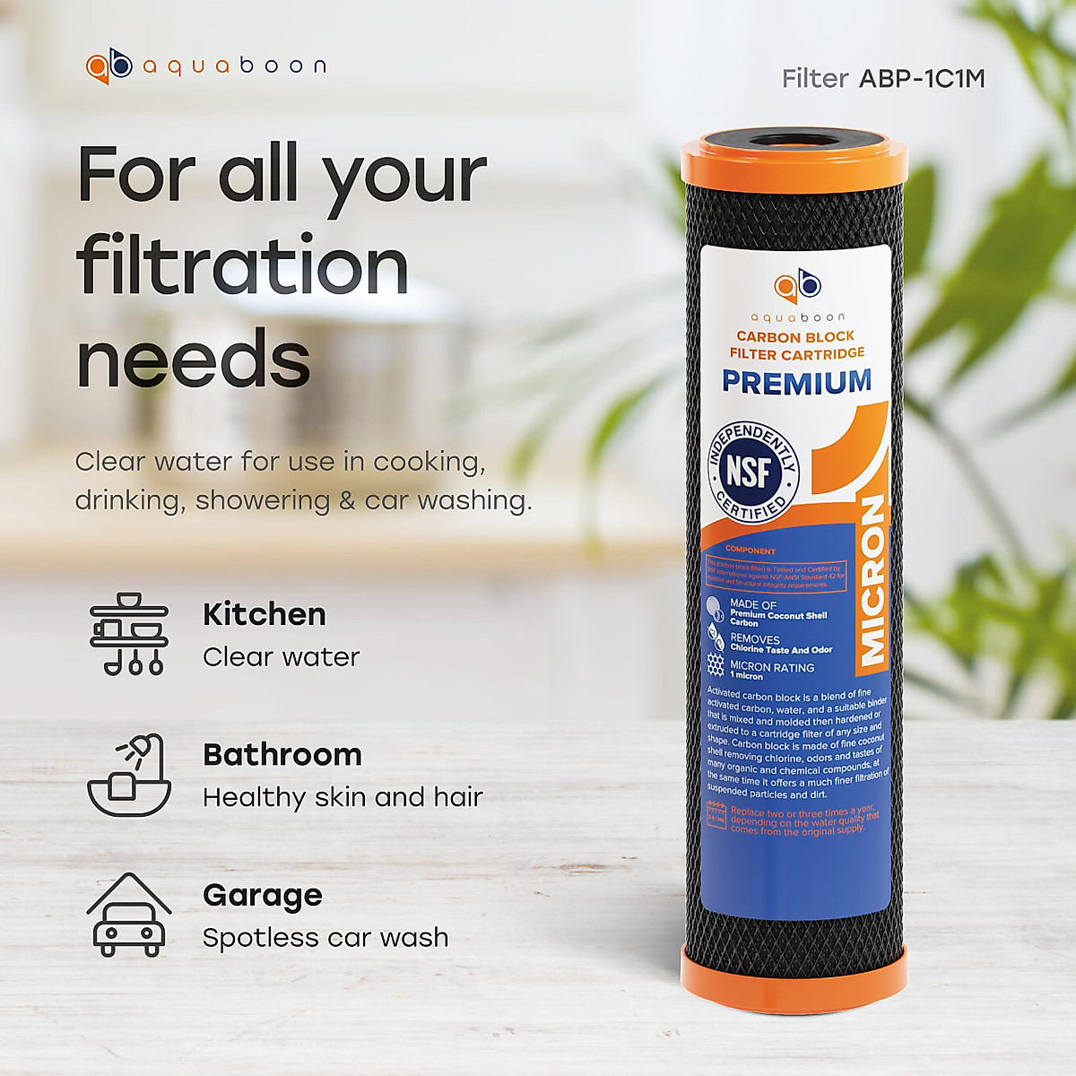 Aquaboon 1 Micron Carbon Water Filter 10 x 2.5" - Countertop & Under Sink Water Filter Replacement Cartridge - Carbon Block Filter CTO for Home Water Filter Systems Compatible with GE FXWTC (6 Pack)