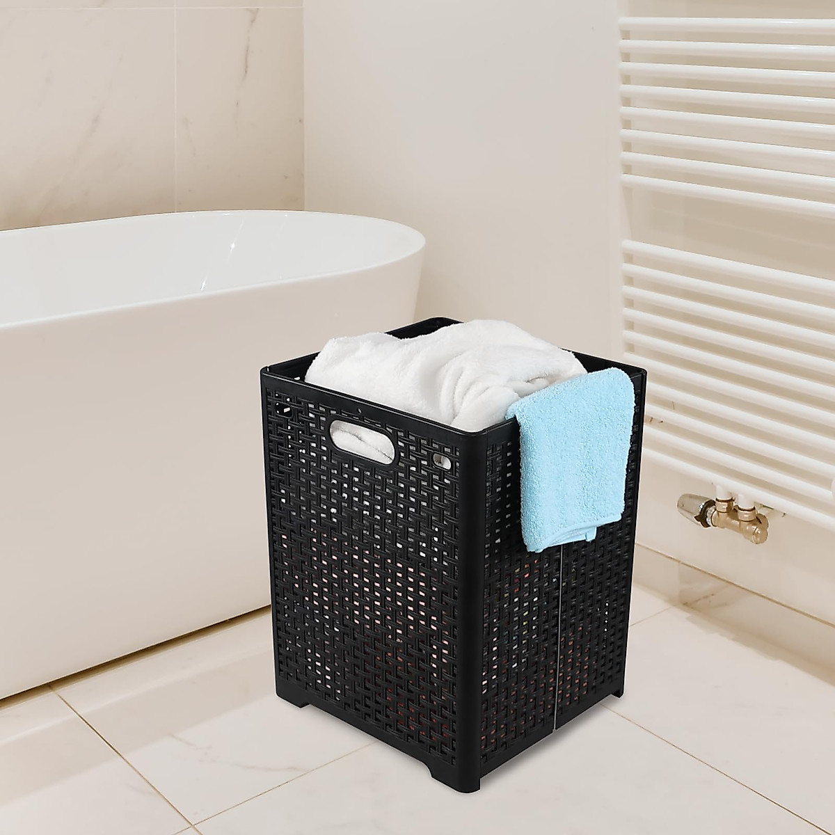 Melontray 42 L Tall Plastic Laundry Hamper, Collapsible Laundry Baskets with Cut Out Handle, Black