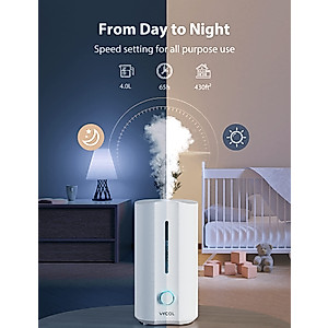VYCOL Humidifiers for Bedrooms, 4L Ultrasonic Top Fill Cool Mist Humidifier for Large Room, Plants, Super Quiet, Lasts up to 65 Hours, Auto Shut-Off Air Vaporizer for Baby, Kids & Nursery White