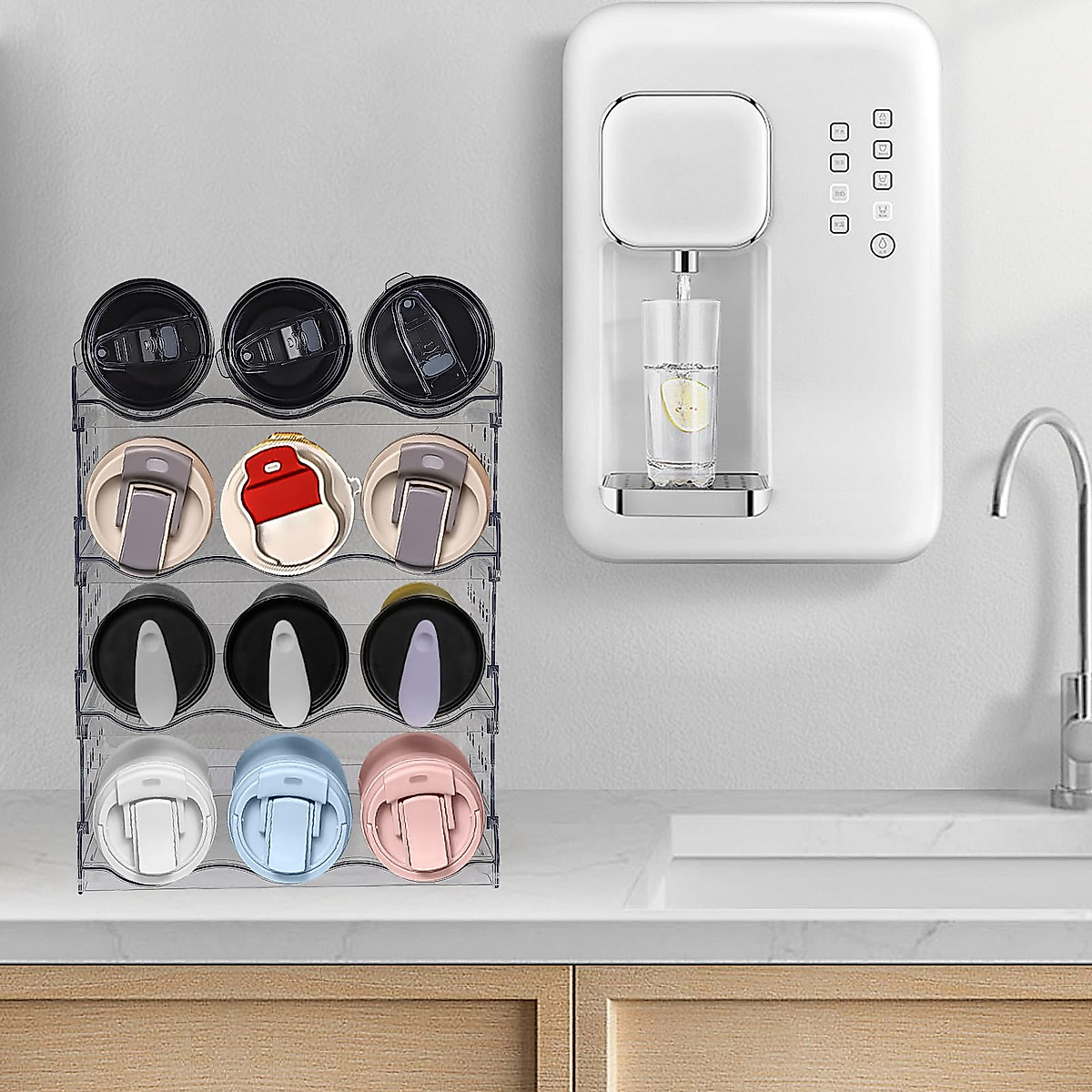 4 Tier Stackable Water Bottle Organizer Holder, Large Compartment Bottle Storage Rack for Stanley Tumbler, Clear Plastic Wine Rack/Drink Bottle Holder for Cabinet Organization and Storage