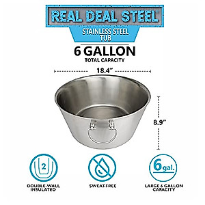 Stainless Steel Insulated Beverage Tub - Real Deal Steel, Large 6 Gallon Round Double Walled Party Tub, Drink Bucket for Parties, Ice Tub Cooler for Wine & Beer