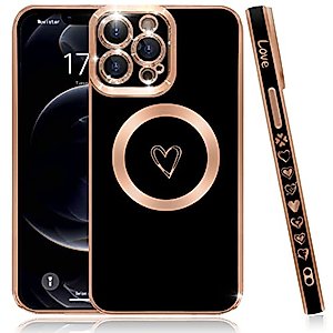 SZXYCZL Compatible with iPhone 12 Pro Max Case Magsafe, Cute Heart Pattern Luxury Plating Full Camera Lens Protection Magnetic Case for iPhone 12 Pro Max for Women Girl-Black