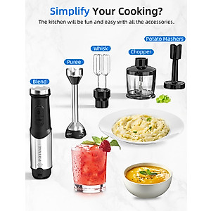 Immersion Blender, Heavy Duty Copper Motor, Stainless Steel Smart Stick with Egg Beaters, Potato Masher, Chopper/Food Processor
