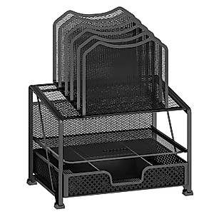 Simple Trending Mesh Desk Organizer with Sliding Drawer, Double Tray with 5 Sections File Bookshelf, Black