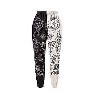 Amuver Women's Boho Hippie Harem Pants High Smocked Waist Printed Patchwork Sweatpants Yoga 90S Goth Baggy Casual Trousers White/Black