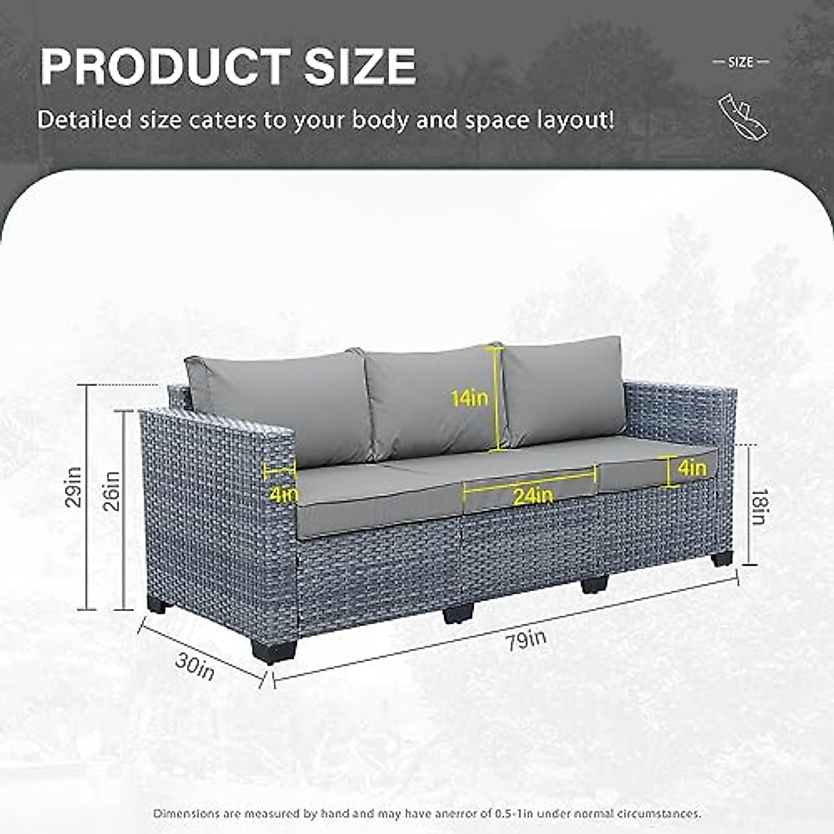 Patio Furniture Outdoor Sofa Grey Wicker Outdoor Furniture Outdoor Couch Deep Seat Sofa Hight Backrest with Waterproof Cover and Anti-Slip Cushions, Grey