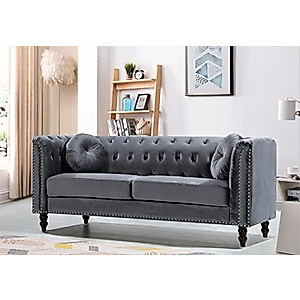 US Pride Furniture Modern Style High Density Foam Cool Grey Velvet Rolled Arm Chesterfield Living Room Removable Cushion & Solid Wood Legs (S5608-5613) Sofas