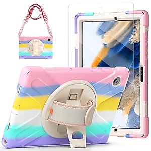 TSQQST Case for Samsung Galaxy Tab A8 10.5" 2022 for Kids Girls with Screen Protector Stand&Hand Strap | Rugged Protective Case for Samsung A8 Tablet SM-X200/X205/X207-Rainbow Pink